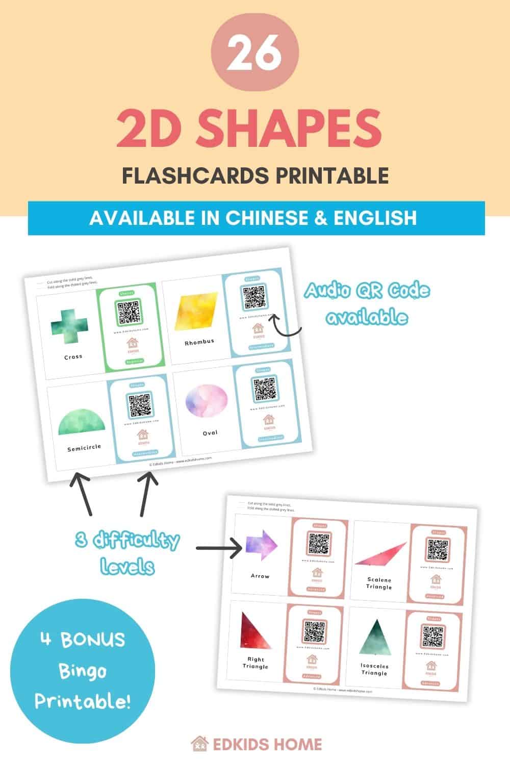 26 2D Shapes Flashcards Printable: Bilingual Chinese & English - Edkids ...